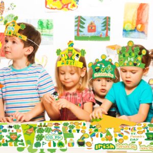 FANCY LAND Craft Kit, 24pcs St. Patrick’s Day Paper Crown & Stickers, Shamrock Party Favors, Kids DIY Irish Themed Hat, Adjustable & Durable