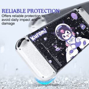 DLseego Little Devil Rabbit Glitter Switch OLED Protective Case Astronaut Clear Dockable Anti-Scratch Hard Shell Soft TPU Joy Con Cover with 2PCS Cute Cartoon Thumb Grips Caps for Switch 2021 Version