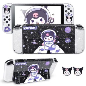 dlseego little devil rabbit glitter switch oled protective case astronaut clear dockable anti-scratch hard shell soft tpu joy con cover with 2pcs cute cartoon thumb grips caps for switch 2021 version