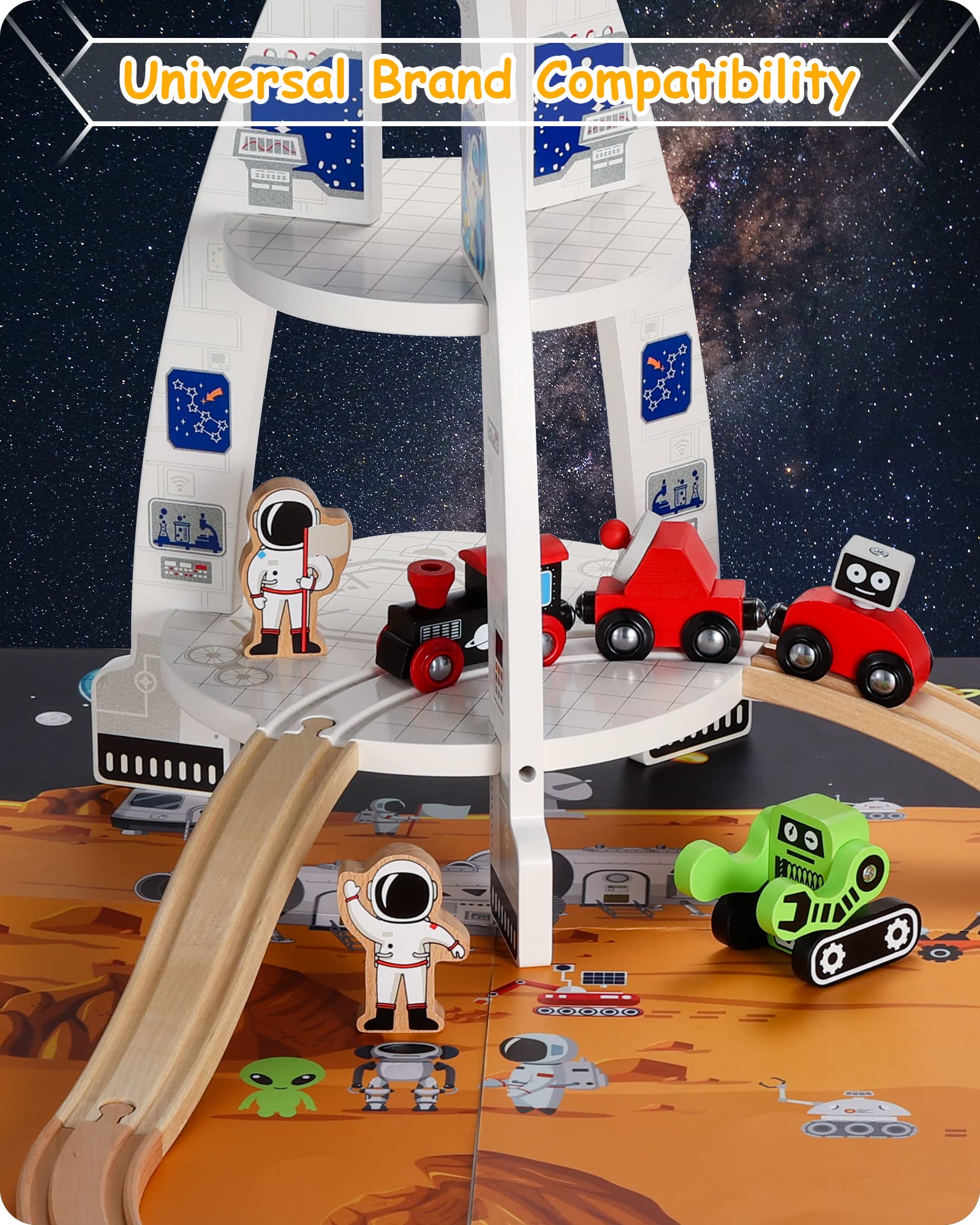 SainSmart Jr. Wooden Train Track Accessory, Space Launcher Rocket Ship Play Set with Astronauts, Compatible with Brio, Thomas, Melissa and Doug