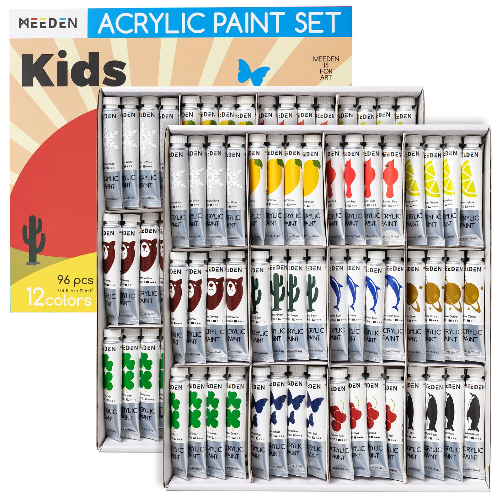 MEEDEN Acrylic Paint Set for Kids, 12 Colors Artist Grade Paint Tubes, Heavy Body, Rich Pigments, Non-Toxic Paints-96 Tubes (0.4 oz, 12 ml)