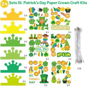 FANCY LAND Craft Kit, 24pcs St. Patrick’s Day Paper Crown & Stickers, Shamrock Party Favors, Kids DIY Irish Themed Hat, Adjustable & Durable