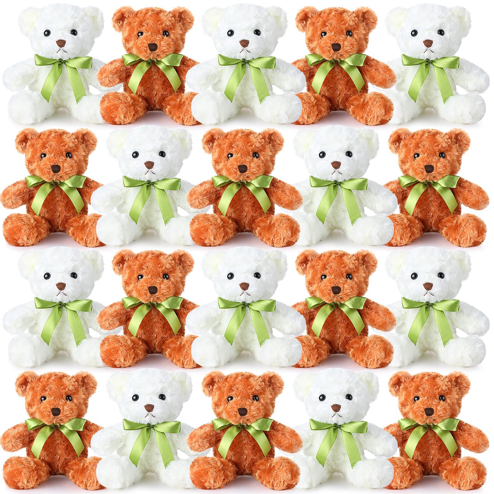 HyDren 24 Pcs Bear Bulk Plush Stuffed Animals 10 Inch Cute Soft Stuffed Bear with Green Bow for Baby Shower Birthday Gift Party (Light Brown, White)