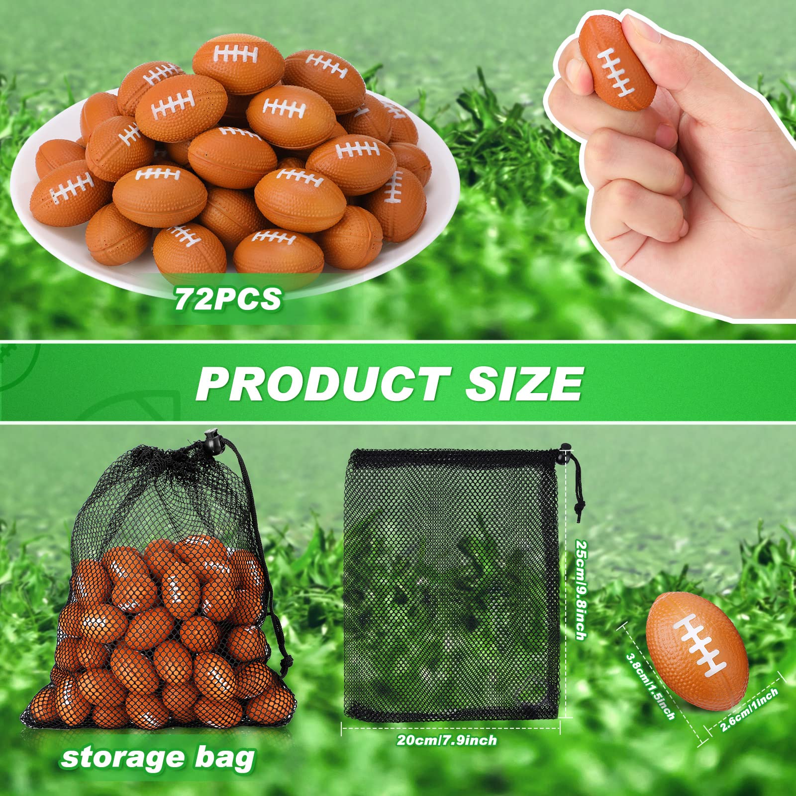 Zhanmai 72 Pcs Mini Foam Football Party Favors 1.5'' Mini Football Stress Balls Bulk Toy Football Party Decorations Supplies Sports Balls for Boys Girls Adults Outdoor Games with Drawstring Mesh Bag