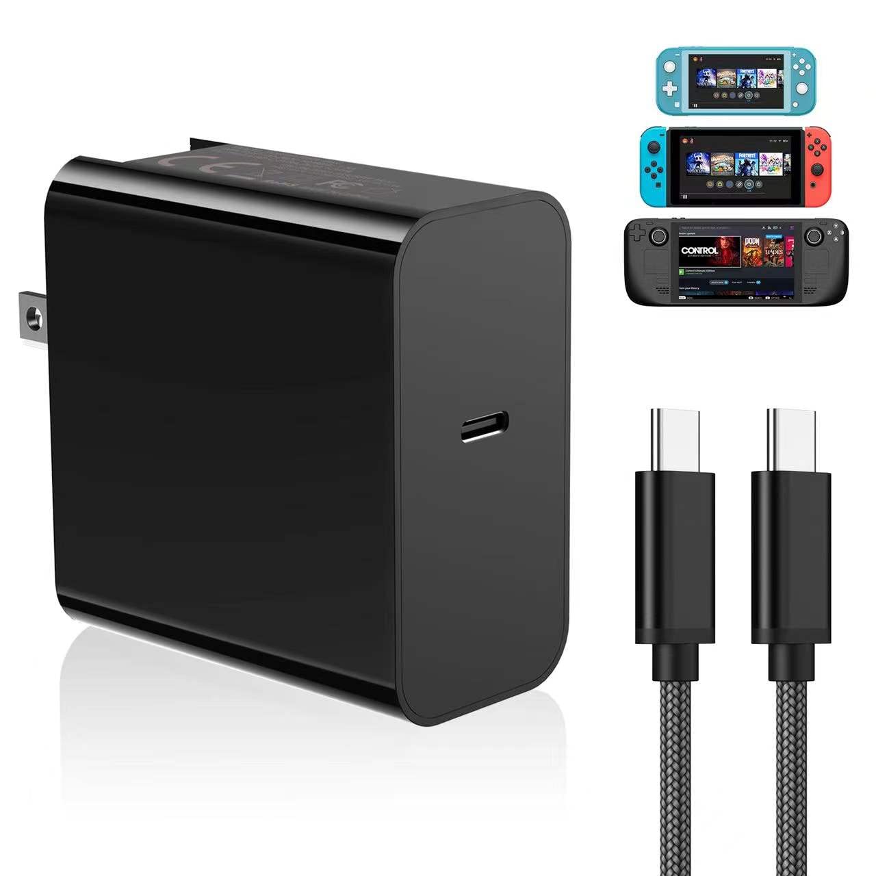 USB C Charger for Steam Deck, 65W 45W Fast PD Foldable Power Adapter for Stream Deck with 6.6FT Type C Charging Cable, Travel Charger Compatible with Nintendo Switch/Xbox /PS5 /Tablet/Laptop/Phone