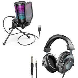 fifine condenser mic and 3.5mm/6.35mm headphones for studio monitor, rgb gaming mic with quick mute, gain control, wired headphones for podcast monitoring, streaming (a6v+h8)