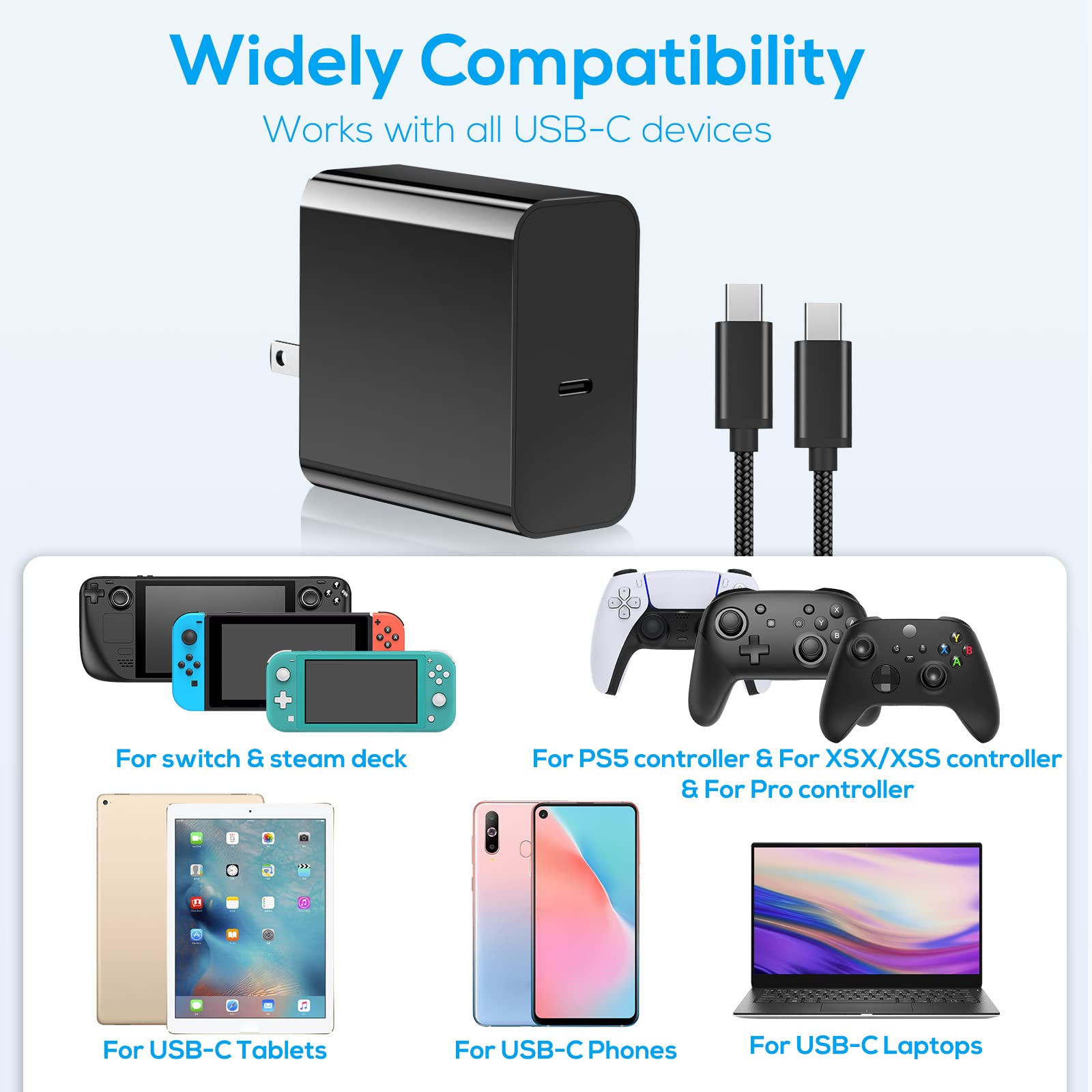 USB C Charger for Steam Deck, 65W 45W Fast PD Foldable Power Adapter for Stream Deck with 6.6FT Type C Charging Cable, Travel Charger Compatible with Nintendo Switch/Xbox /PS5 /Tablet/Laptop/Phone