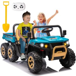 postack 24v 4wd ride on dump truck, 6 wheels ride on car with remote control, side by side 2 seater power 6 wheels for big kids, ride on tractor for toddler with music, bluetooth, blue