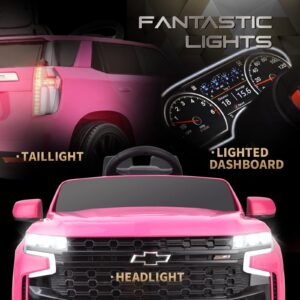 Blitzshark 12V Kids Ride on Car Compatible for Chevrolet Tahoe Battery Powered Electric Vehicle for Kids, with 7AH Big Battery, 2.4G Remote Control, Spring Suspension, Bright Lights, Music, Pink