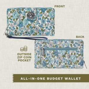 Bella Taylor RFID Wristlet Cash System Wallet for Cash Envelope Budgeting | Money Organizer Budget Wallet | Cash Stuffing Wallet | Quilted Cotton Delicate Floral Blue