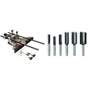 bosch ra1054 deluxe router edge guide with dust extraction hood & vacuum hose adapter, black&bosch 6 pc. carbide-tipped groove cutter router bit set