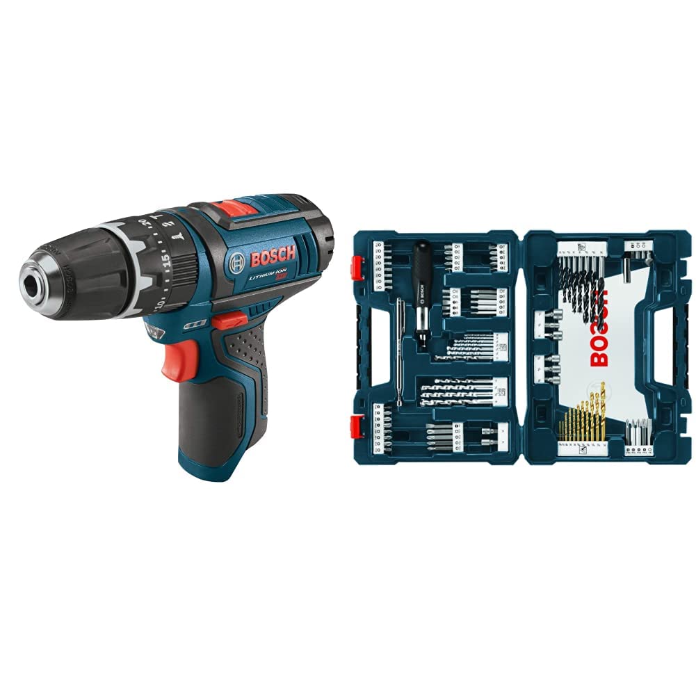 Bosch PS130N 12V Max 3/8 In. Hammer Drill/Driver (Bare Tool), Blue&BOSCH 91-Piece Drilling and Driving Mixed Set MS4091