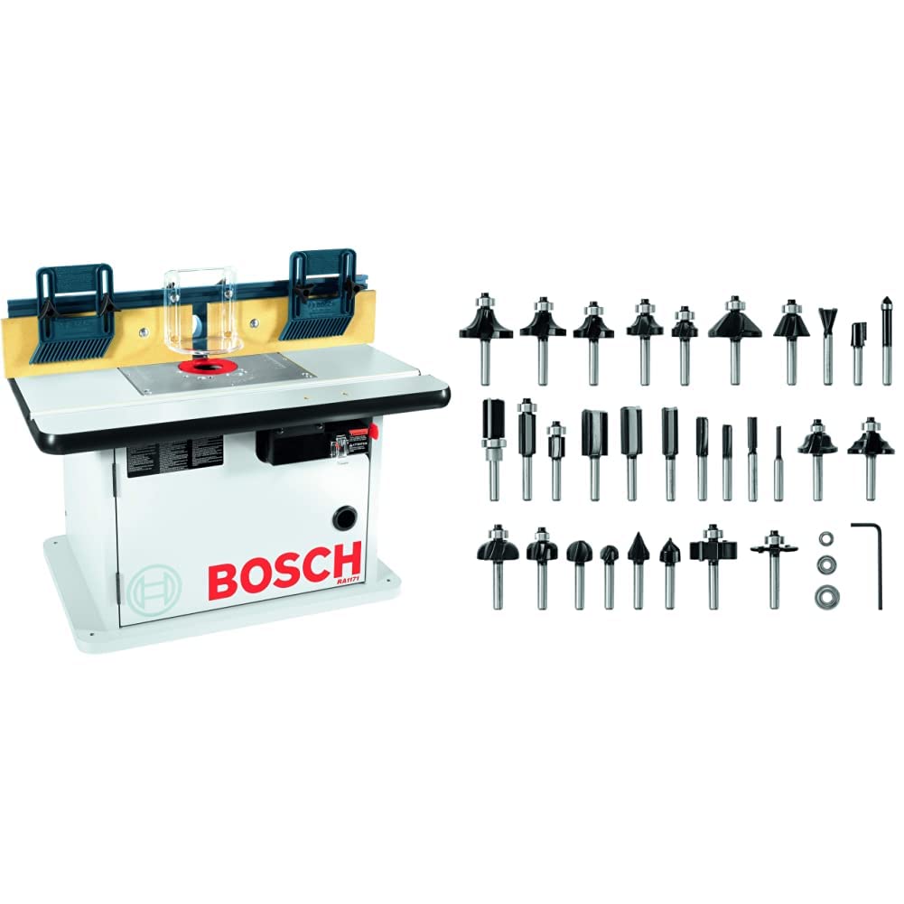 BOSCH Cabinet Style Router Table RA1171, Blue&BOSCH 30 pc. Carbide-Tipped Wood Router Bit Set