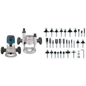 bosch mrc23evsk combination router 15 amp 2.3 horsepower corded variable speed combination plunge & fixed-base router kit with hard case&bosch 30 pc. carbide-tipped wood router bit set