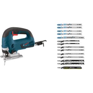 bosch 120-volt top-handle jigsaw kit js365 blue, 6.5 amp&bosch 14 pc. laminate/wood/metal t-shank jig saw blade set t14c