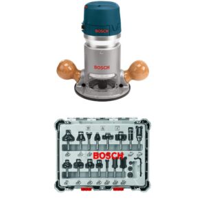 bosch 1617evs 2.25 hp electronic fixed-base router&bosch 15 pc. carbide-tipped wood router bit set