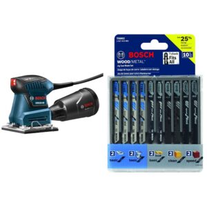 bosch gss20-40 orbital finishing sander (1/4-sheet)&bosch t5002 t-shank multi-purpose jigsaw blades, 10 piece, assorted, jig saw blade set for cutting wood and metal