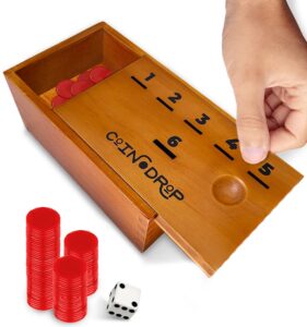 swooc games - coin drop | simple + strategic dice games for families with coins included for 2-6 players | works with pennies too | get rid of coins to win | board games for kids | penny game wood box