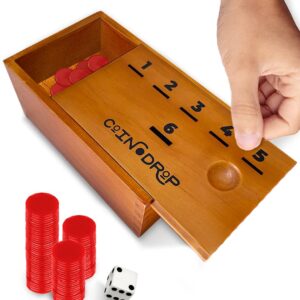 SWOOC Games - Coin Drop | Simple + Strategic Dice Games For Families with Coins Included For 2-6 Players | Works With Pennies Too | Get Rid Of Coins To Win | Board Games For Kids | Penny Game Wood Box