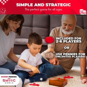 SWOOC Games - Coin Drop | Simple + Strategic Dice Games For Families with Coins Included For 2-6 Players | Works With Pennies Too | Get Rid Of Coins To Win | Board Games For Kids | Penny Game Wood Box