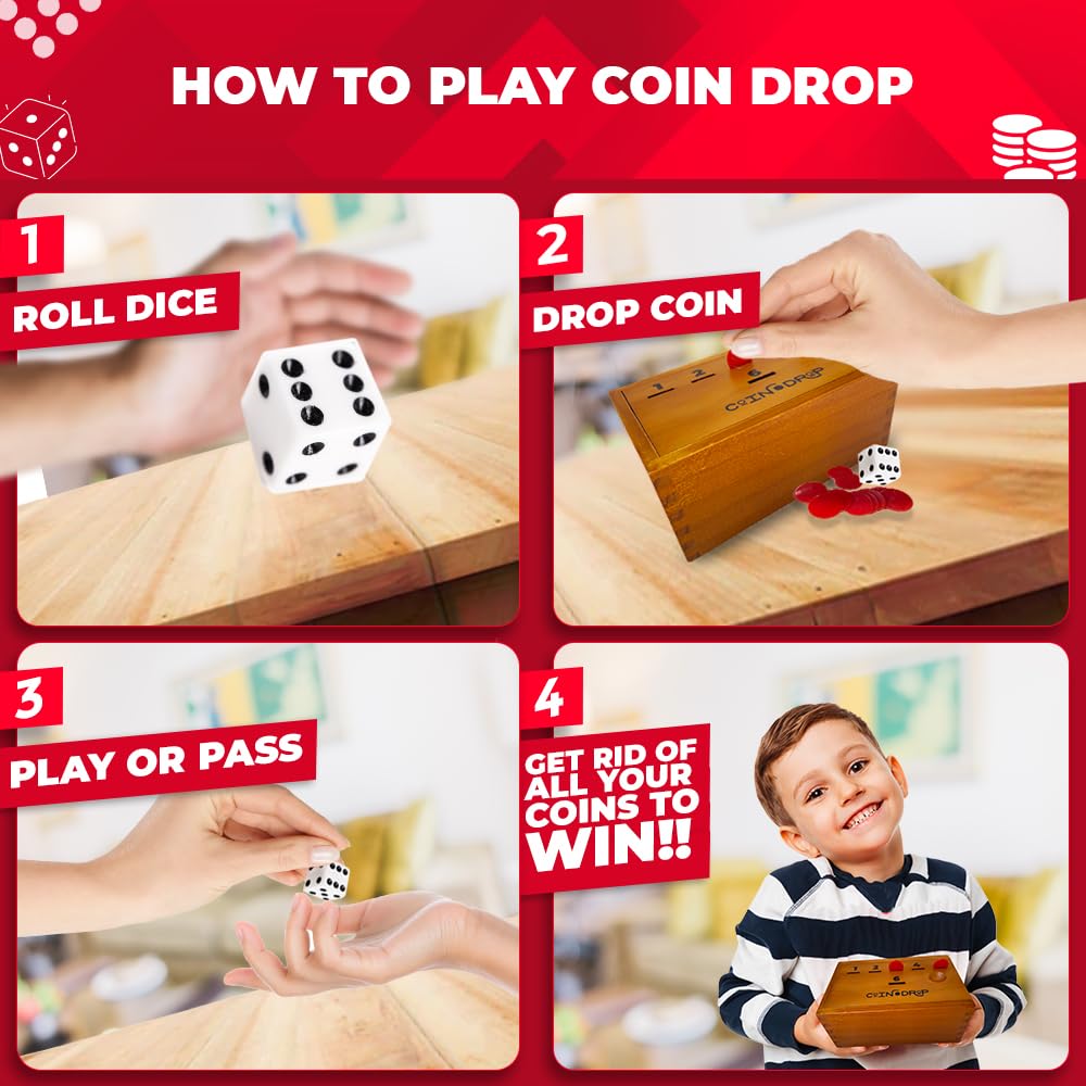 SWOOC Games - Coin Drop | Simple + Strategic Dice Games For Families with Coins Included For 2-6 Players | Works With Pennies Too | Get Rid Of Coins To Win | Board Games For Kids | Penny Game Wood Box