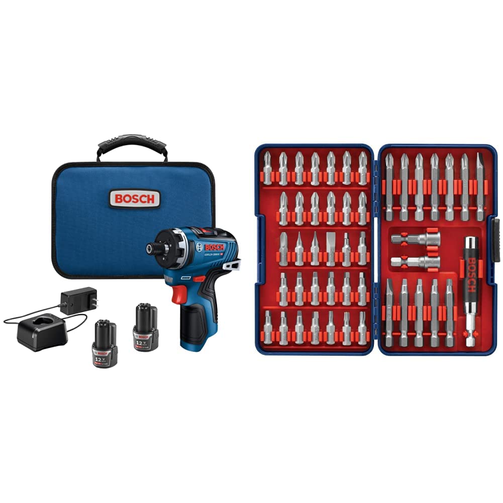 BOSCH GSR12V-300HXB22 12V Max Brushless 1/4 In. Hex Two-Speed Screwdriver Kit with (2) 2.0 Ah Batteries&BOSCH T4047 Multi-Size Screwdriver Bit Set (47 Piece)