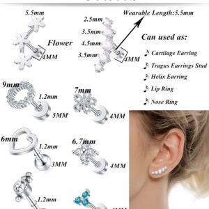 Tornito 18Pcs Cartilage CZ Stud Earrings Conch Forward Helix Tragus Daith Piercing Lip Rings Snake Butterfly Jewelry for Women Men 16G Silver Tone