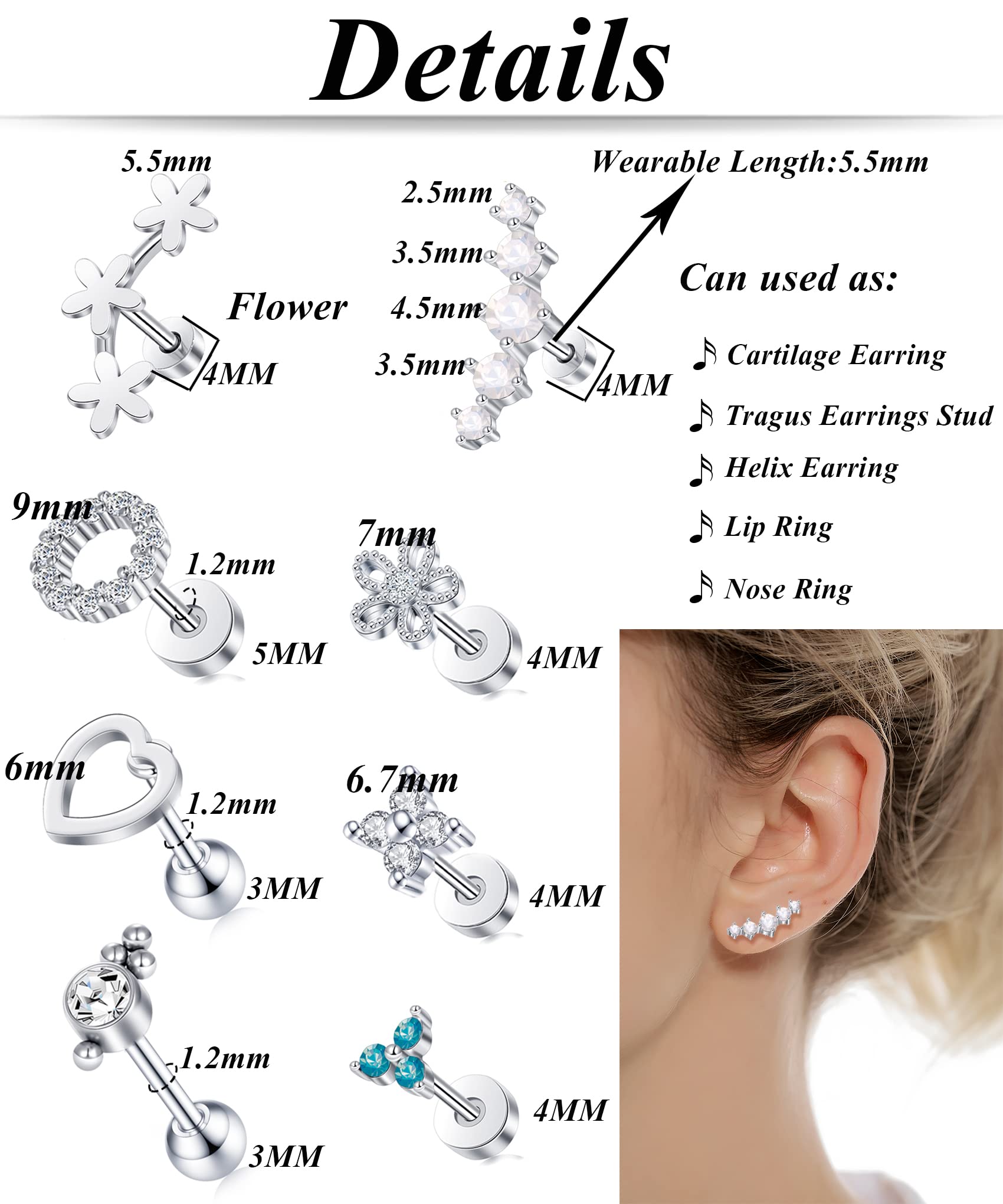 Tornito 18Pcs Cartilage CZ Stud Earrings Conch Forward Helix Tragus Daith Piercing Lip Rings Snake Butterfly Jewelry for Women Men 16G Silver Tone