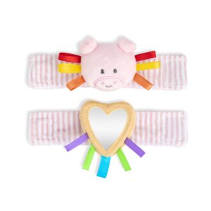 demdaco pig pink and yellow 3-6 months baby wrist rattle and mirror activity set