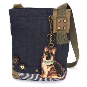 chala patch cross-body women handbag, blue denim canvas messenger bag - german shepherd gen ii - denim