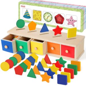 aizweb color shape sorting toy for toddler 1-3 year old, wooden montessori toy shape sorter color matching box game, preschool early educational learning sensory toy for baby boy girl 1 2 3 year old