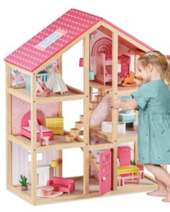 tiny land wooden dollhouse for girls - 6 rooms wooden doll house, diy pretend dream house with 30pcs furniture accessories, gift for girl ages 3+