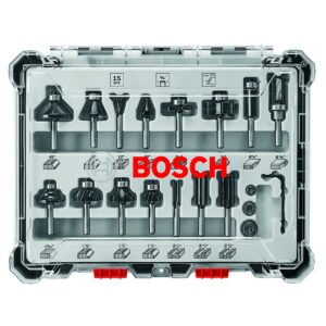 BOSCH 1617EVS 2.25 HP Electronic Fixed-Base Router&BOSCH 15 pc. Carbide-Tipped Wood Router Bit Set