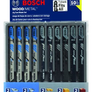 BOSCH 7.2 Amp Barrel-Grip Jig Saw Kit JS572EBK&BOSCH T5002 T-Shank Multi-Purpose Jigsaw Blades, 10 Piece, Assorted, Jig Saw Blade Set for Cutting Wood and Metal