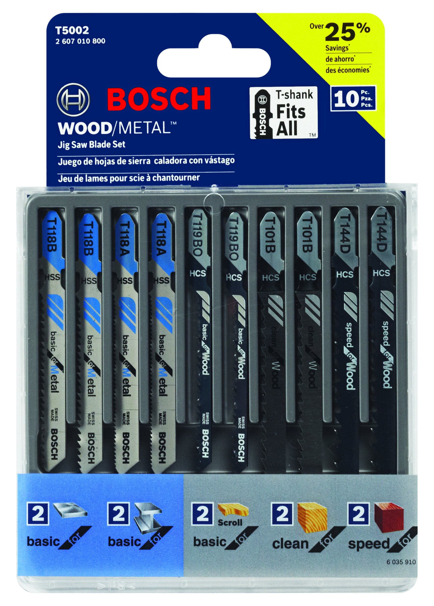 BOSCH 7.2 Amp Barrel-Grip Jig Saw Kit JS572EBK&BOSCH T5002 T-Shank Multi-Purpose Jigsaw Blades, 10 Piece, Assorted, Jig Saw Blade Set for Cutting Wood and Metal