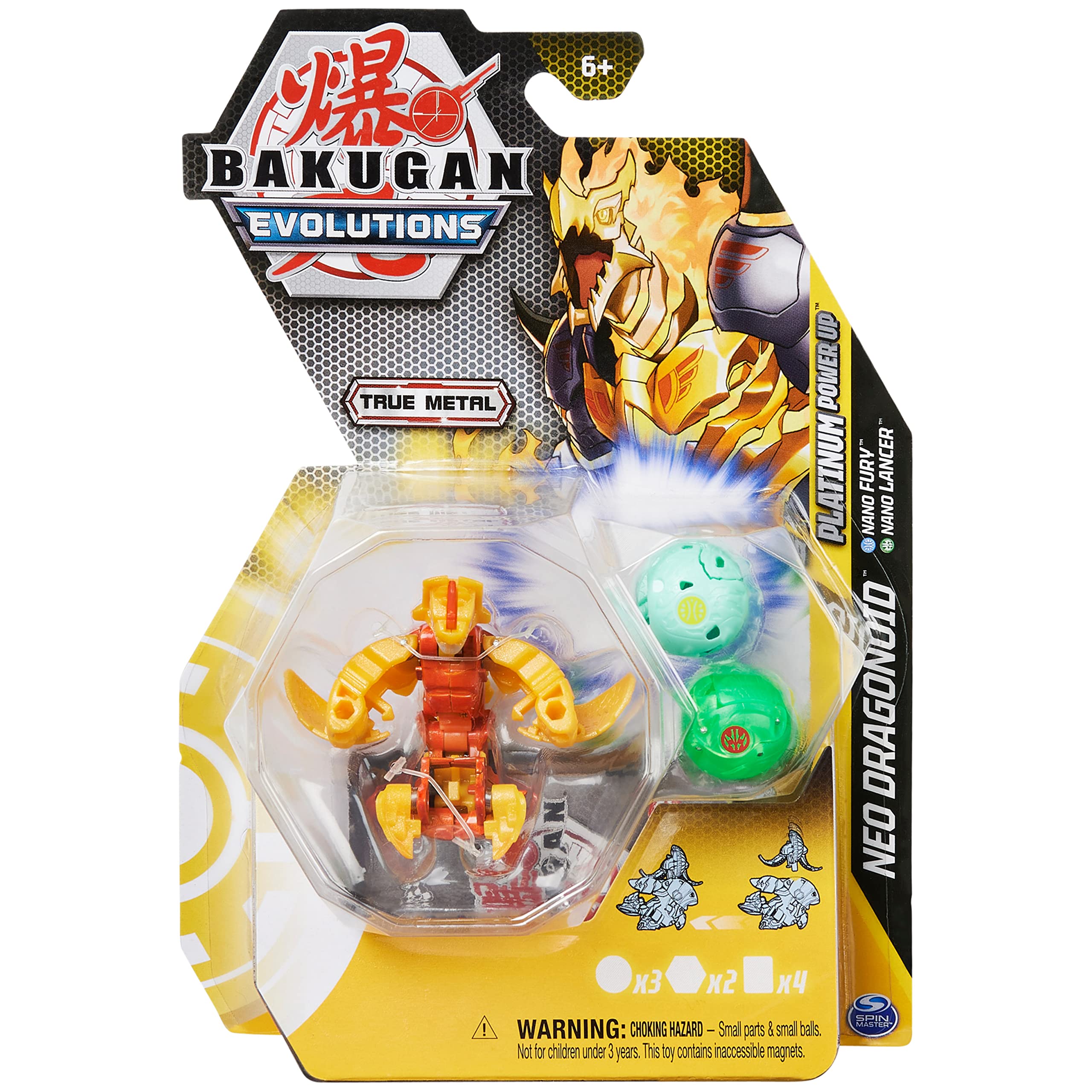 Bakugan Evolutions, Neo Dragonoid with Nano Fury and Lancer Platinum Power Up Pack, True Metal Action Figure, 2 Nanogan, 2 Bakucore, 2 Ability Cards, Kids Toys