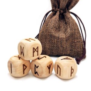 hometu 4 pcs/set wooden rune dice set , 24 carved elder furthark alphabet viking rune wood dices for divination game, yellow