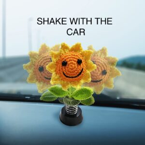 Shaking Sunflower Car Accessories Dashboard Decorations, Smiley Handmade Knitted for Car Interior Home Office Desk Decoration