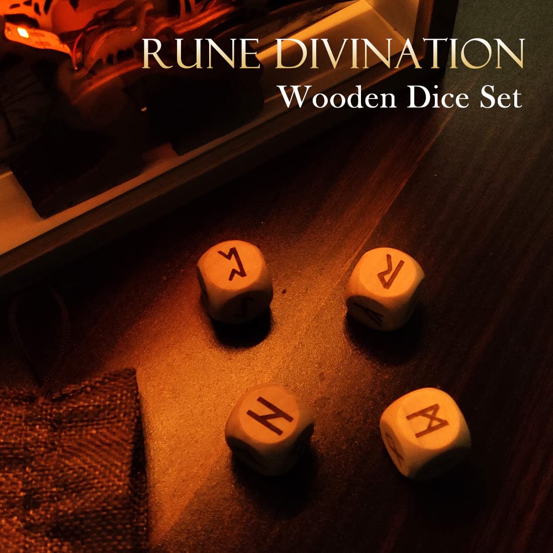 Hometu 4 Pcs/Set Wooden Rune Dice Set , 24 Carved Elder Furthark Alphabet Viking Rune Wood Dices for Divination Game, Yellow