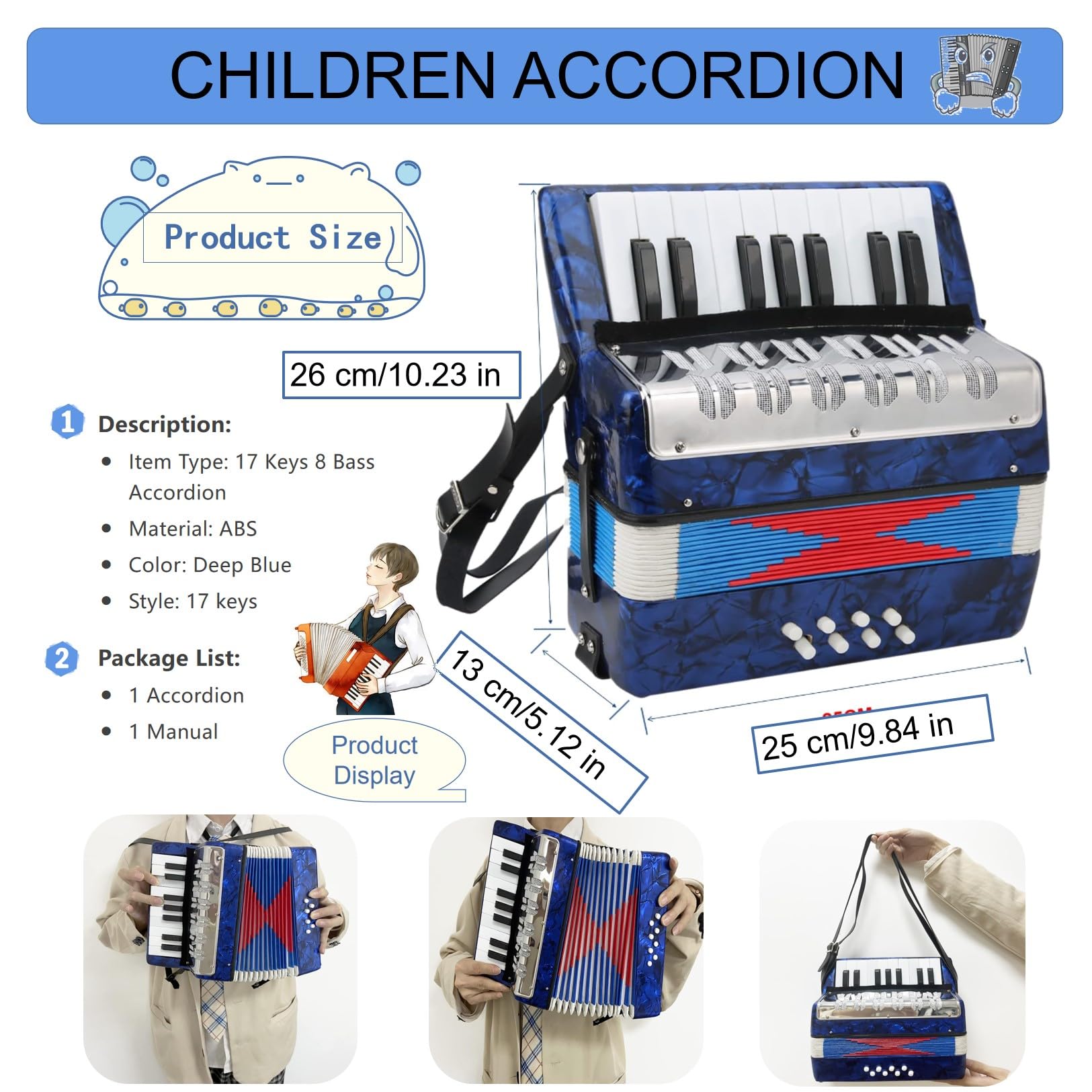 Small Accordion,17 Keys 8 Bass Accordion Instrument Para Niños Acordeones Para Niños With Adjustable Straps And Softer Sound Portable Educational Musical Instrument For Music Beginner 7.8x7.5x3.9in