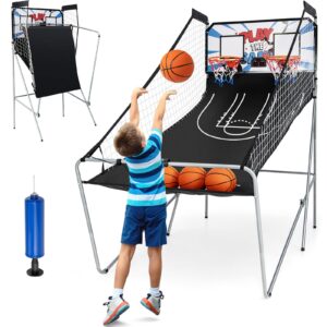 goplus foldable dual shot basketball arcade game, basketball hoop game w/electronic scoring, 8 game modes, 4 balls, indoor outdoor electronic basketball game machine for kids adults (white+blue)