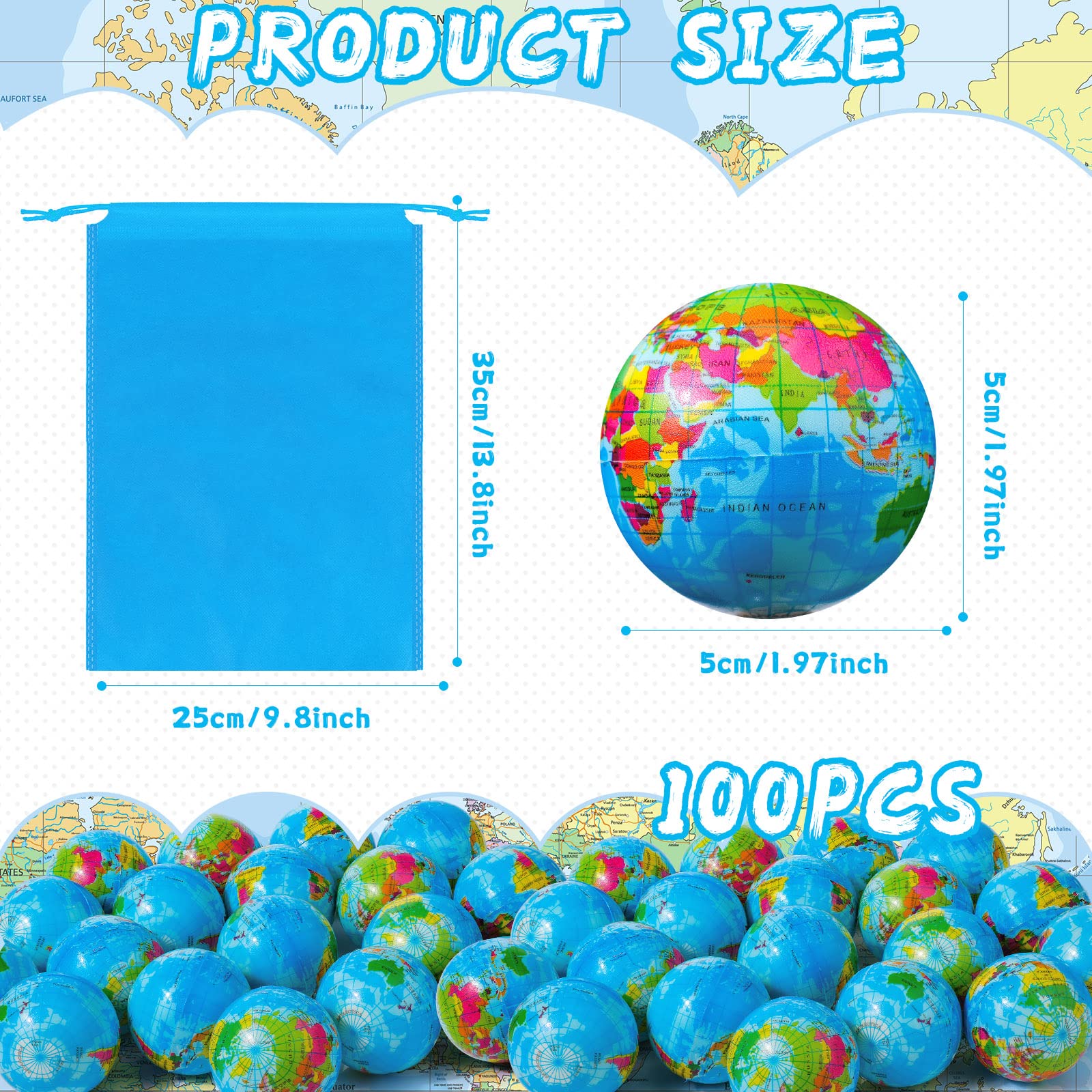 100 Pcs Mini Globe Stress Balls 2 Inch World Earth Relief Stress Balls Mini Foam Ball Bulk for Finger Exercise School Carnival Reward Party Gift Bag Stress Relief Toys