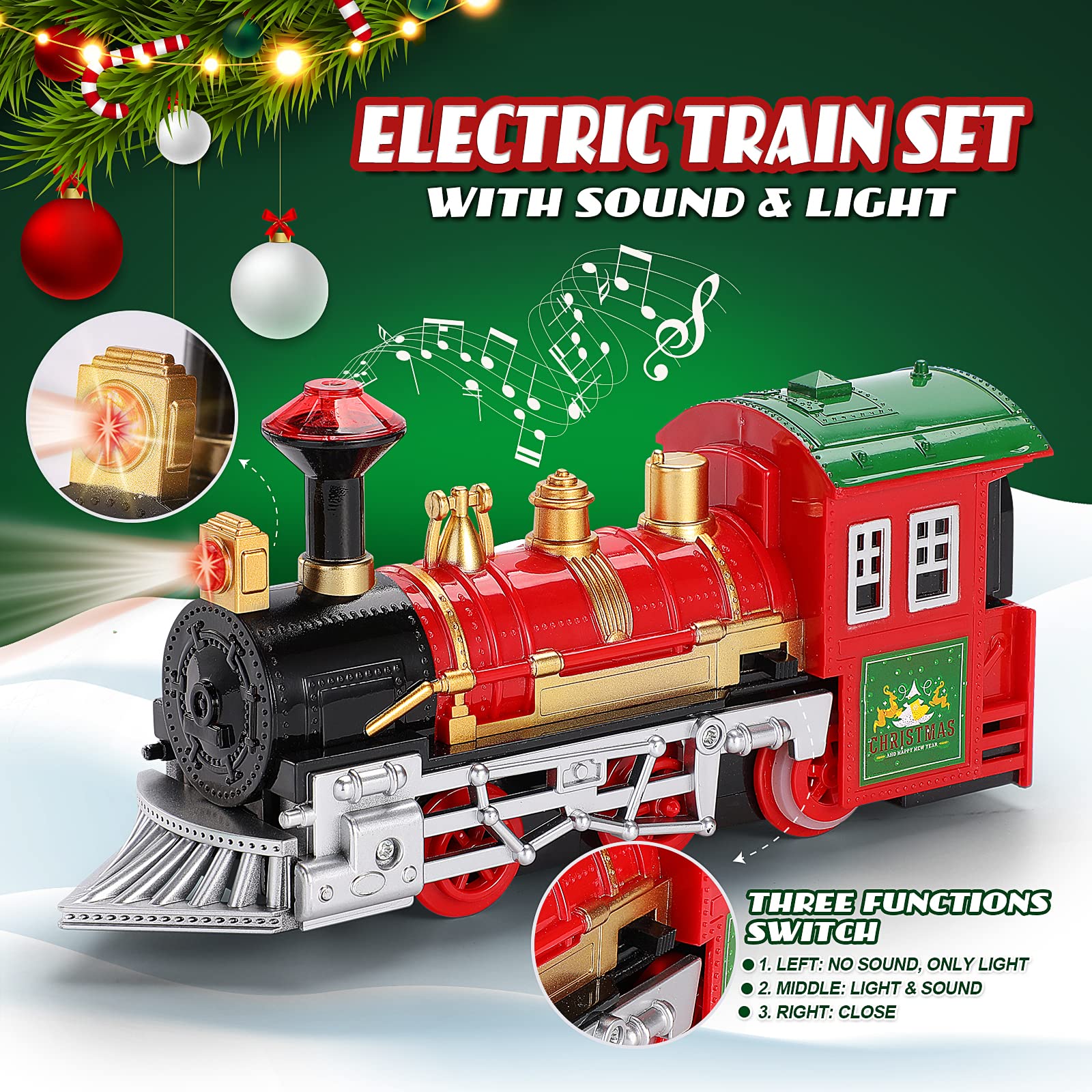 Train Set - Christmas Train Set Around & Under The Tree, Electric Train Set with Light & Sound, Battery Operated Kids Train Toys with Locomotive Engine Cars Tracks, Gift for Boys Girls