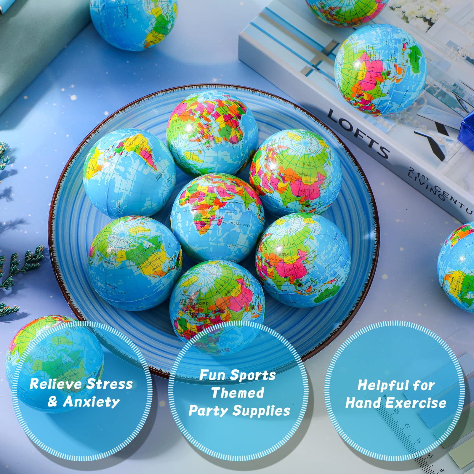 100 Pcs Mini Globe Stress Balls 2 Inch World Earth Relief Stress Balls Mini Foam Ball Bulk for Finger Exercise School Carnival Reward Party Gift Bag Stress Relief Toys