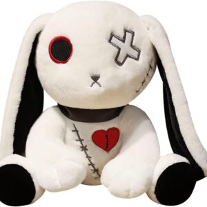 12in Creepy Goth Bunny Plush Crazy Rabbit Plushie Toys, Spooky Bunny Stuffed Animal Doll for Halloween Easter Christmas Birthday Gift (White)