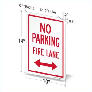 SmartSign 14 x 10 inch “No Parking - Fire Lane” Metal Sign with Bidirectional Arrow, 40 mil Laminated Rustproof Aluminium, White and Red, Made in USA