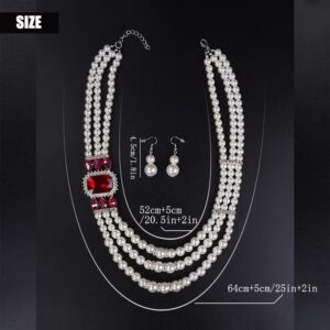 Aimimier 1920s 3-strand White Faux Pearl Necklace and Earrings Set with Red Crystal and Rhinestone Long Pearl Necklace Statement Women Jewelry