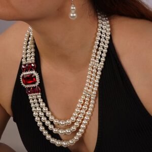 Aimimier 1920s 3-strand White Faux Pearl Necklace and Earrings Set with Red Crystal and Rhinestone Long Pearl Necklace Statement Women Jewelry