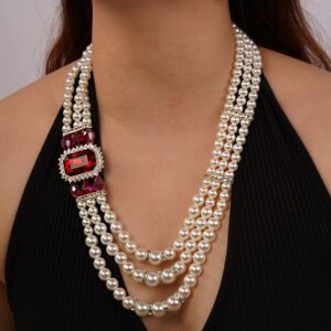 Aimimier 1920s 3-strand White Faux Pearl Necklace and Earrings Set with Red Crystal and Rhinestone Long Pearl Necklace Statement Women Jewelry