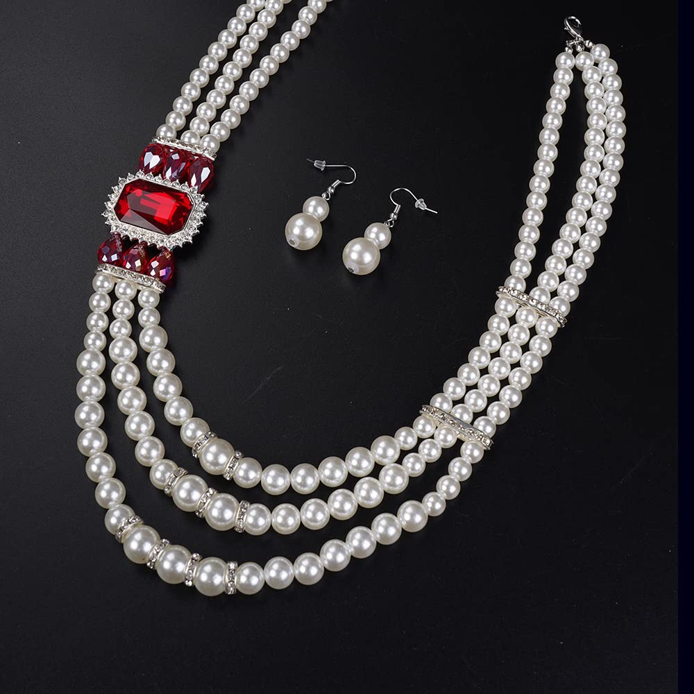 Aimimier 1920s 3-strand White Faux Pearl Necklace and Earrings Set with Red Crystal and Rhinestone Long Pearl Necklace Statement Women Jewelry